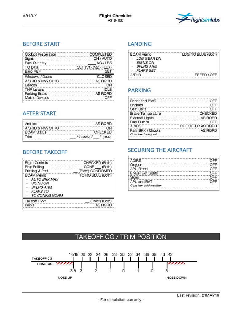 A319X Flight Checklist | PDF | Takeoff | Aviation