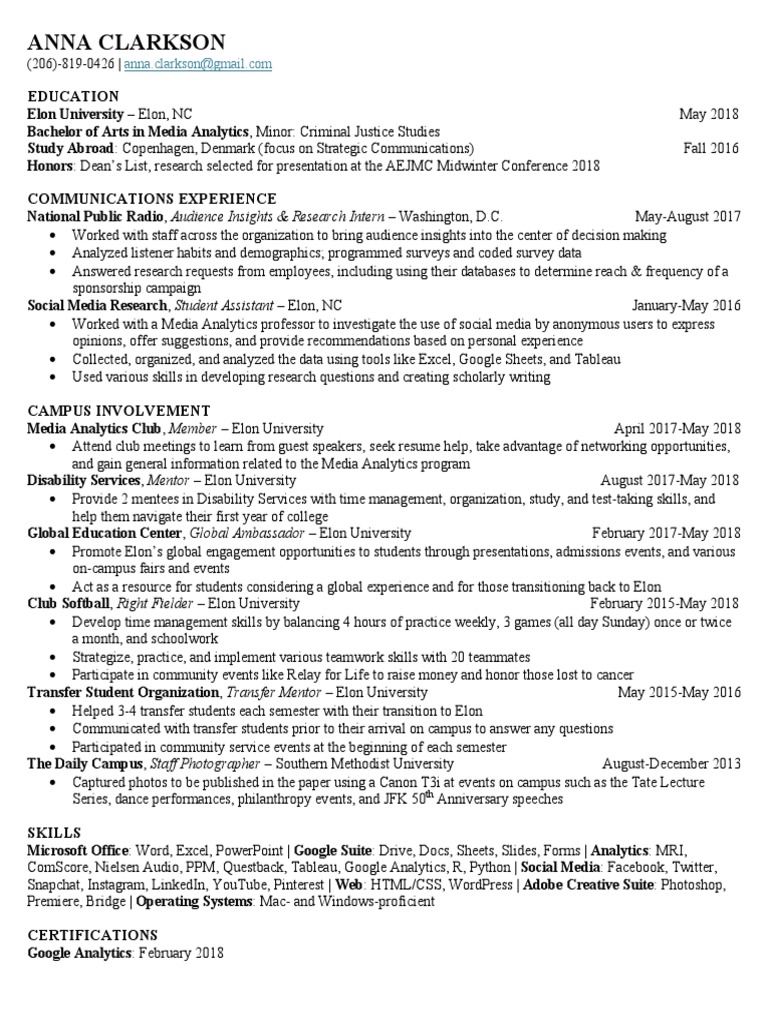 Anna Clarkson Resume June 2018 | PDF | Social Media | Popular Culture ...