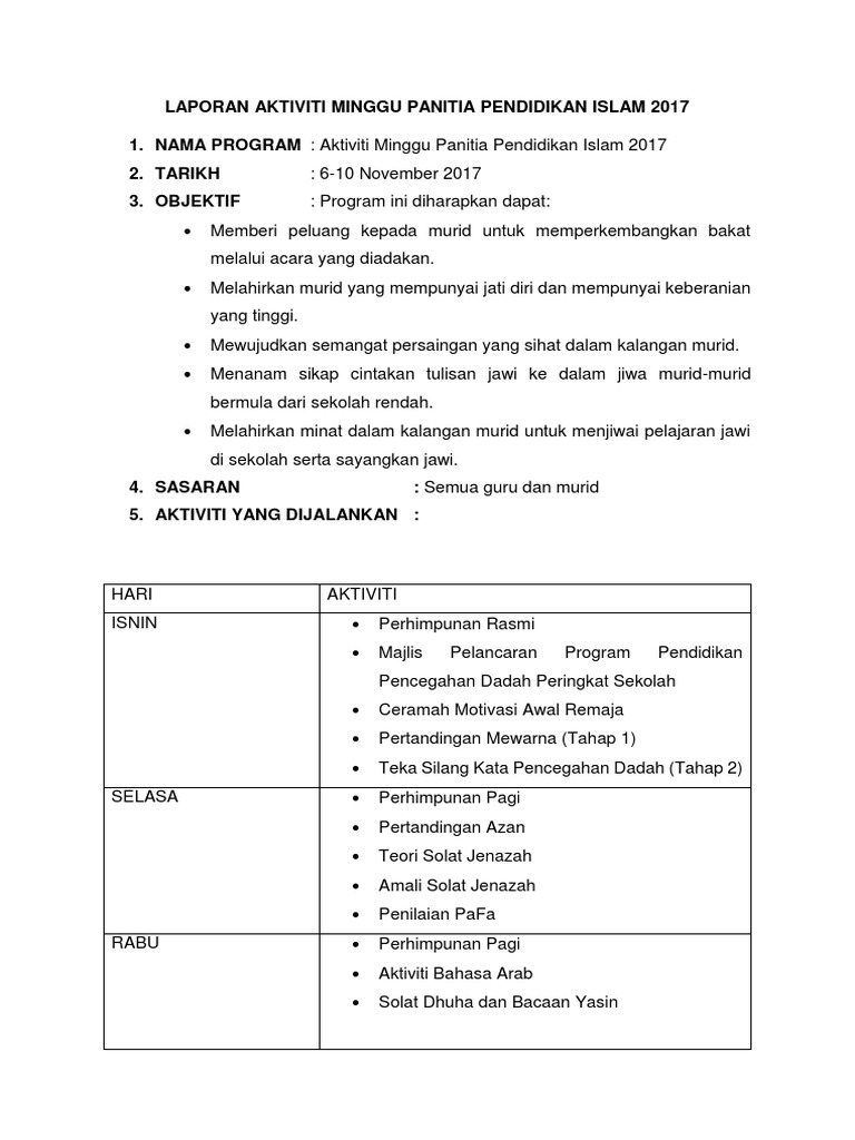 Contoh Laporan Aktiviti Panitia Agama Islam - CarissacelMccoy