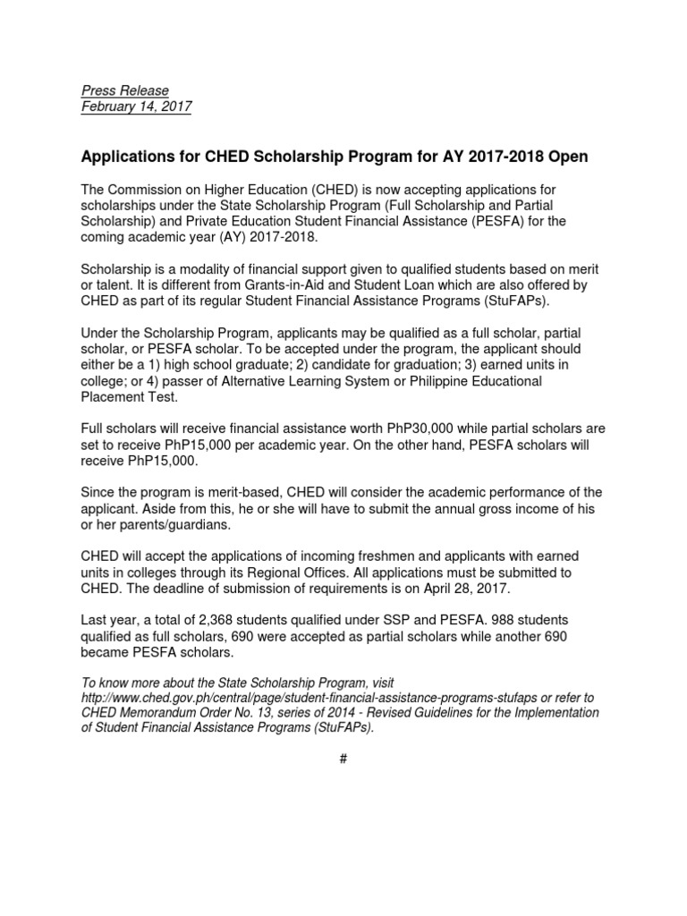 Applications For CHED Scholarship Program For AY 2017 2018 Open | PDF