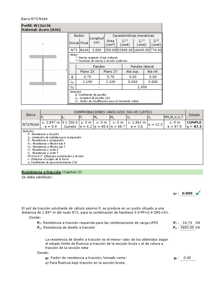 Barra N73/N164 perfil W12x136 | PDF | Resistencia de materiales | Pandeo