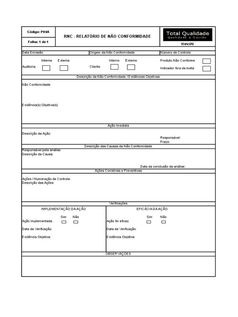 Relatório de Não Conformidade RNC | PDF
