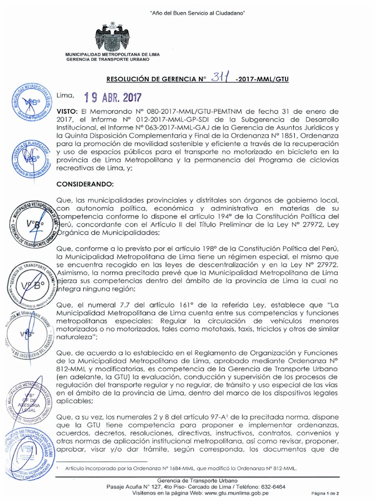 Rg. 311-2017-Gtu (2) Ciclovia | PDF | Peatonal | Transporte