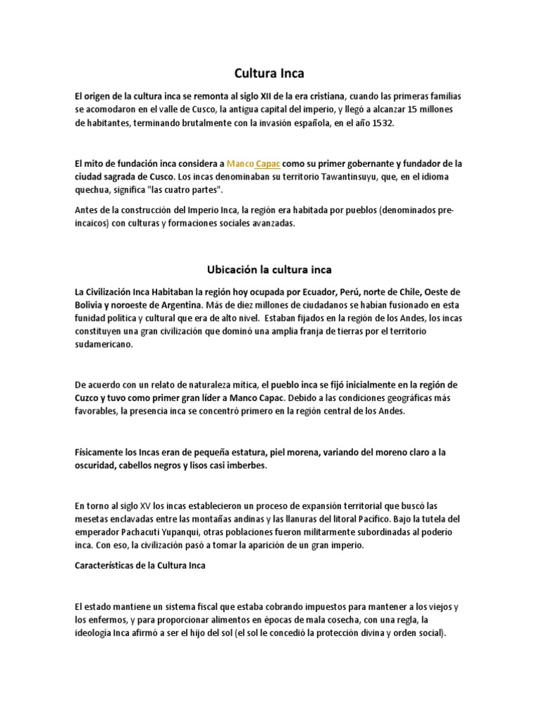Cultura Inca: Historia y Legado | PDF | Imperio Inca | Cultura (general)