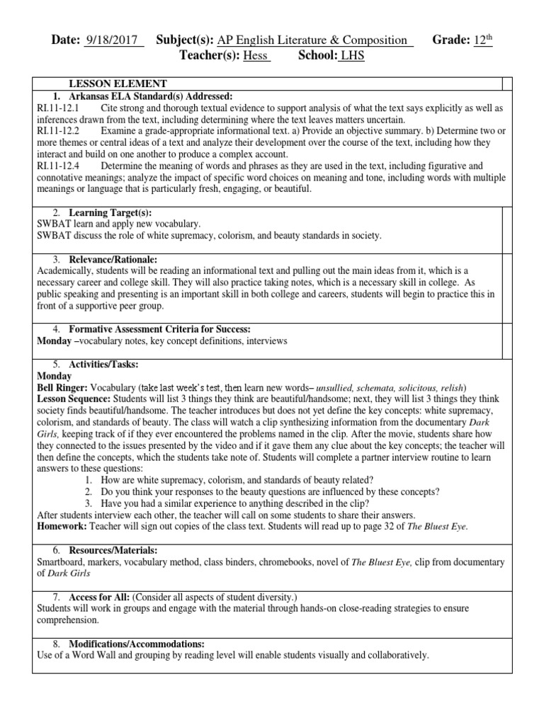 Bluest Eye Lesson | PDF | Reading Comprehension | Pedagogy