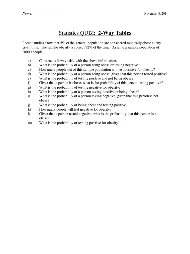 Statistics Quiz on 2-Way Tables | PDF | Self-Improvement | Science ...