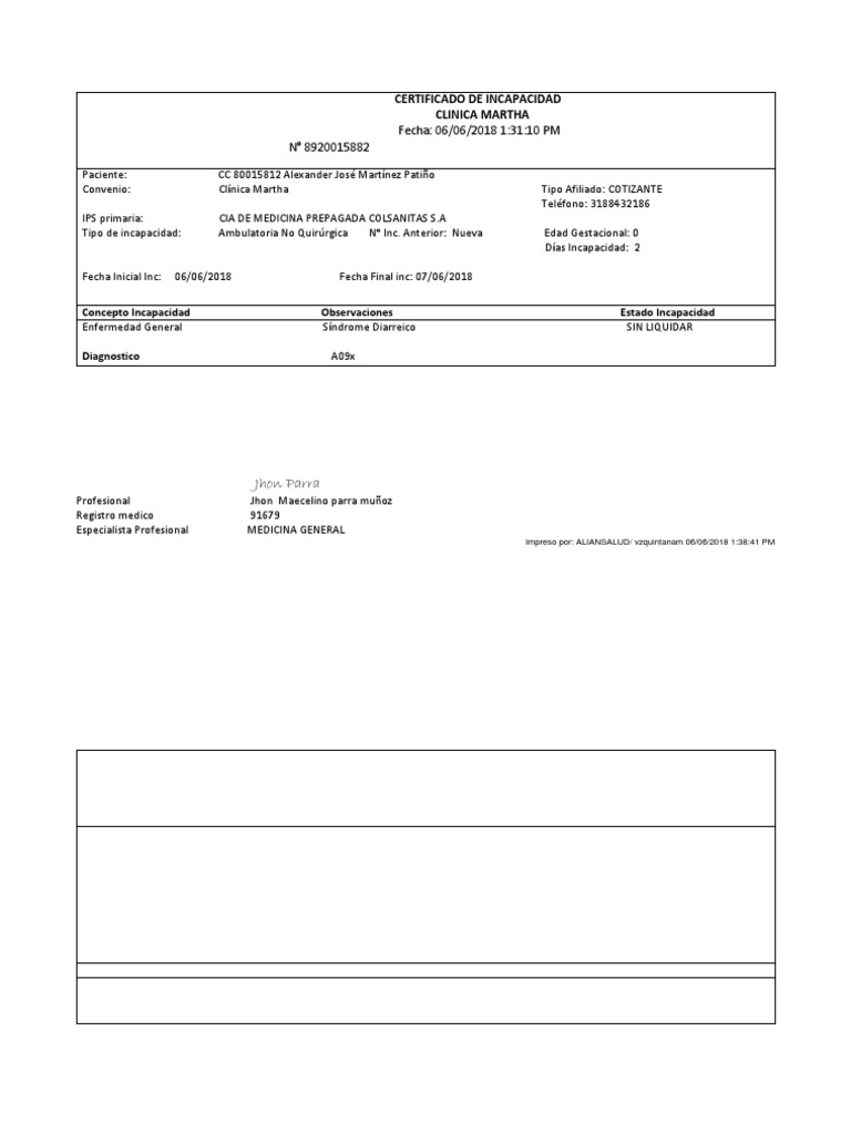 Certificado de Incapacidad | PDF