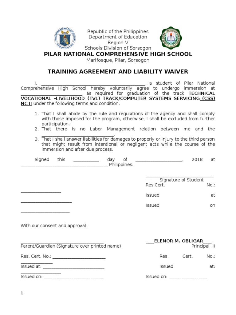 Training Agreement and Liability Waiver | Consent | Common Law