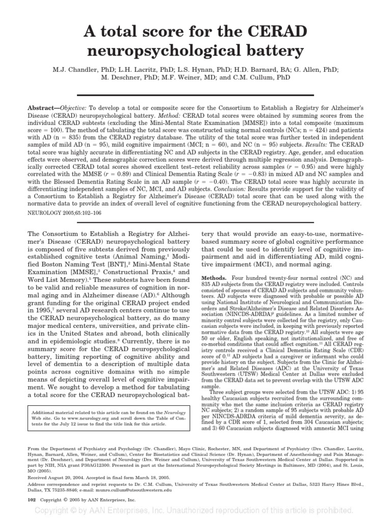 Cerad Total Score | PDF | Receiver Operating Characteristic ...