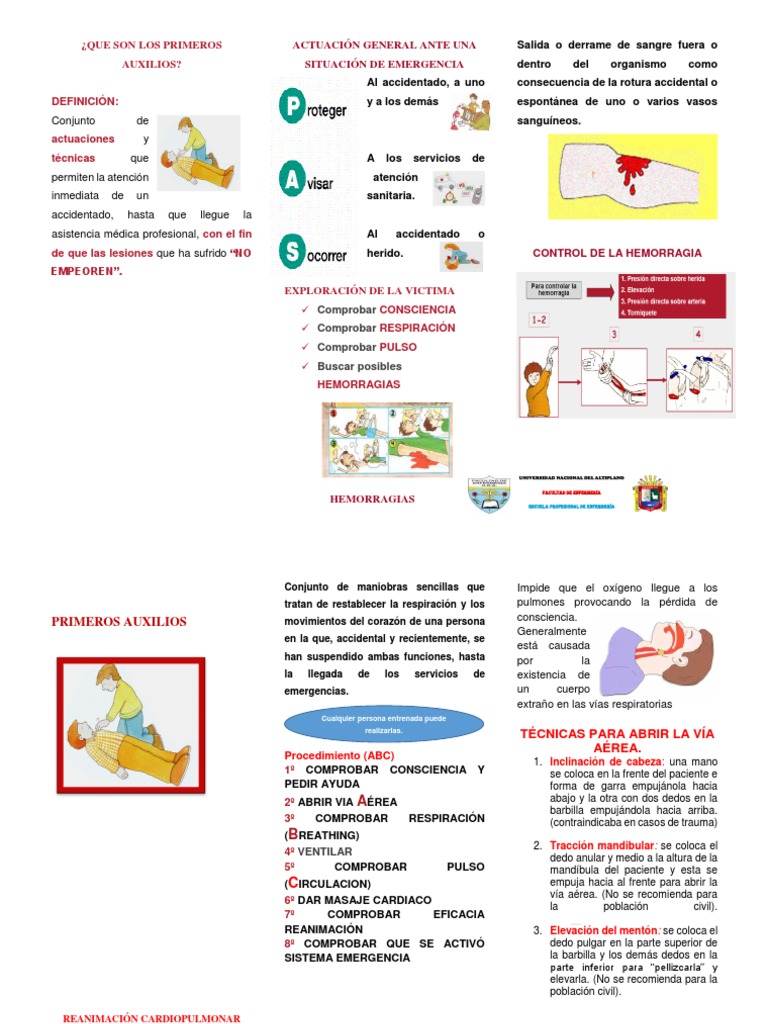 Triptico de Primeros Auxilios | Reanimación cardiopulmonar | Enfermedades y trastornos