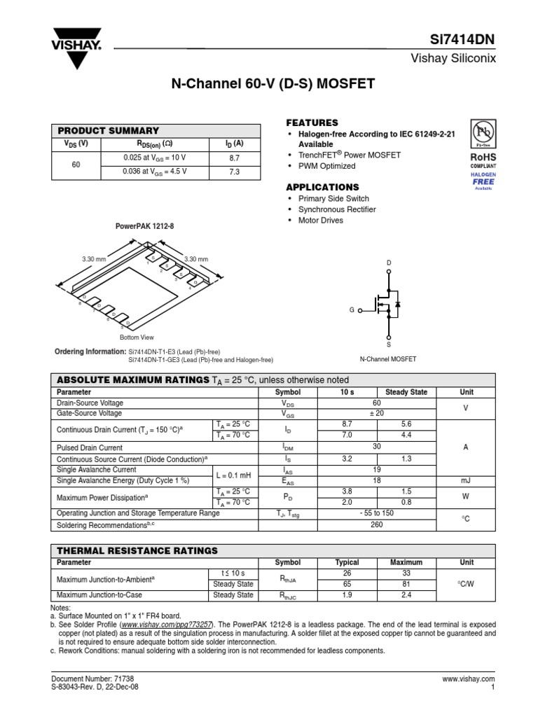 Si7414DN: Vishay Siliconix | PDF | Printed Circuit Board | Electronics