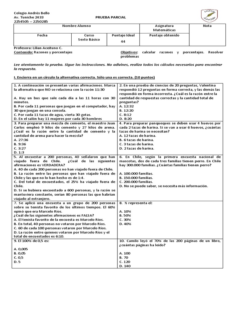 Problemas de Razones y Porcentajes 6° Básico | PDF | Ocio | Enseñanza ...