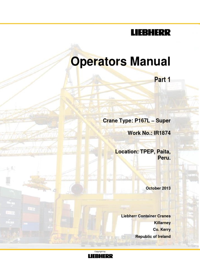 Operators Manual: Crane Type: P167L - Super Work No.: IR1874 | PDF | Crane (Machine) | Elevator