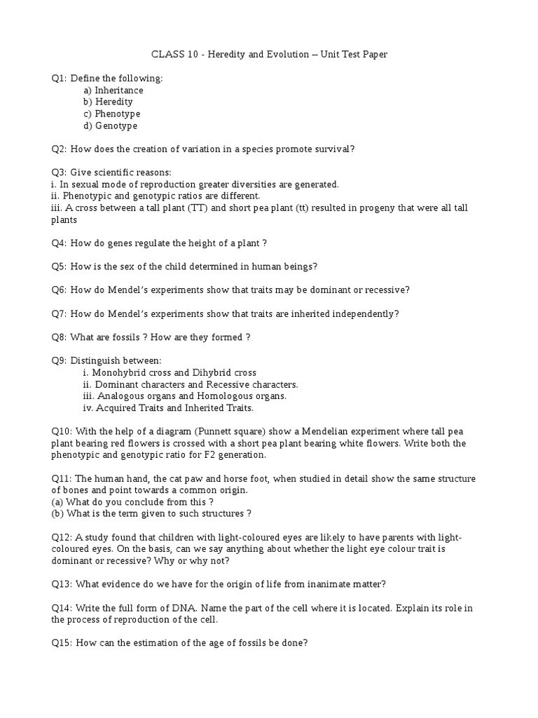 Class 10 Heredity Unit Test Paper | PDF | Heredity | Evolution
