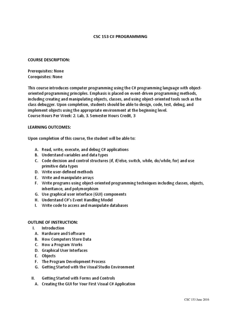 Course Description:: CSC 153 C# Programming | PDF | C (Programming ...