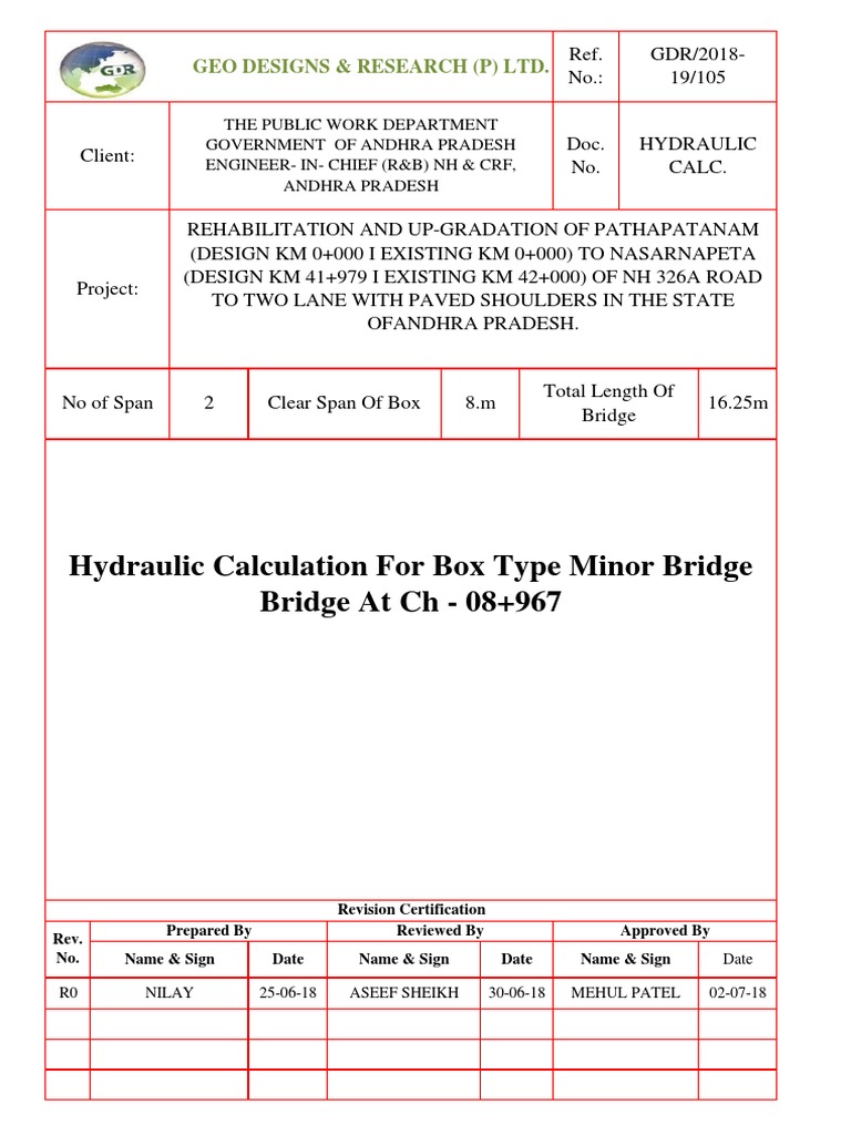 Hydraulic Calculation For Box Type Minor Bridge Bridge at CH - 08+967 ...