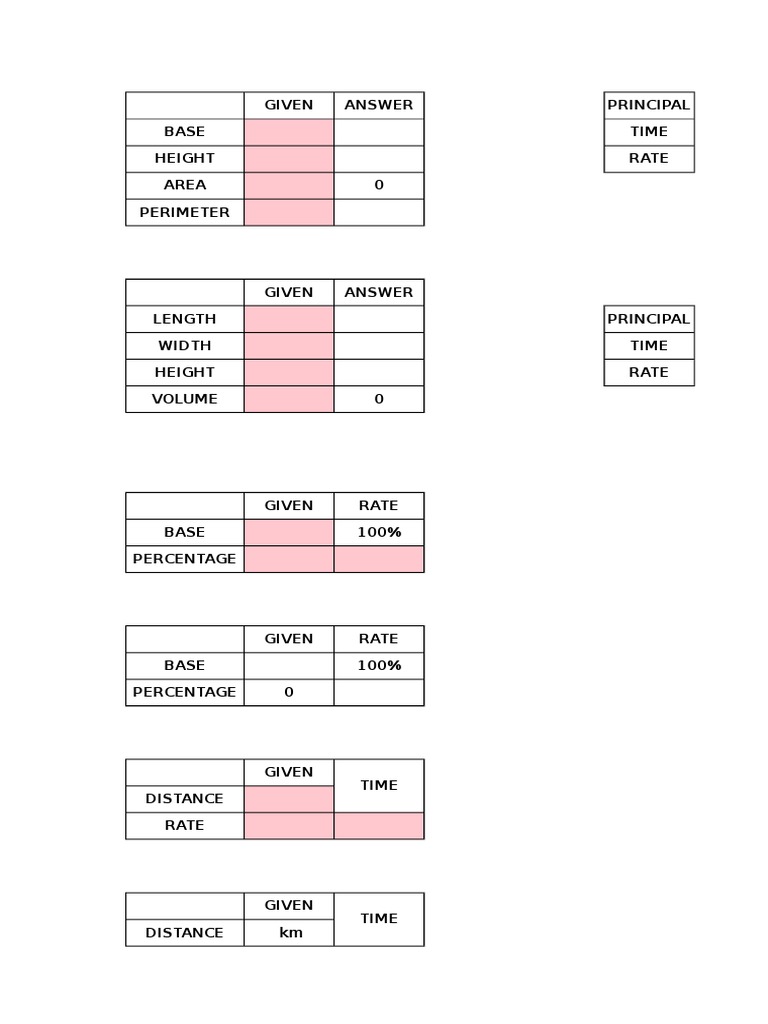 Given Answer Principal Base Time Height Rate Area 0 Perimeter | PDF