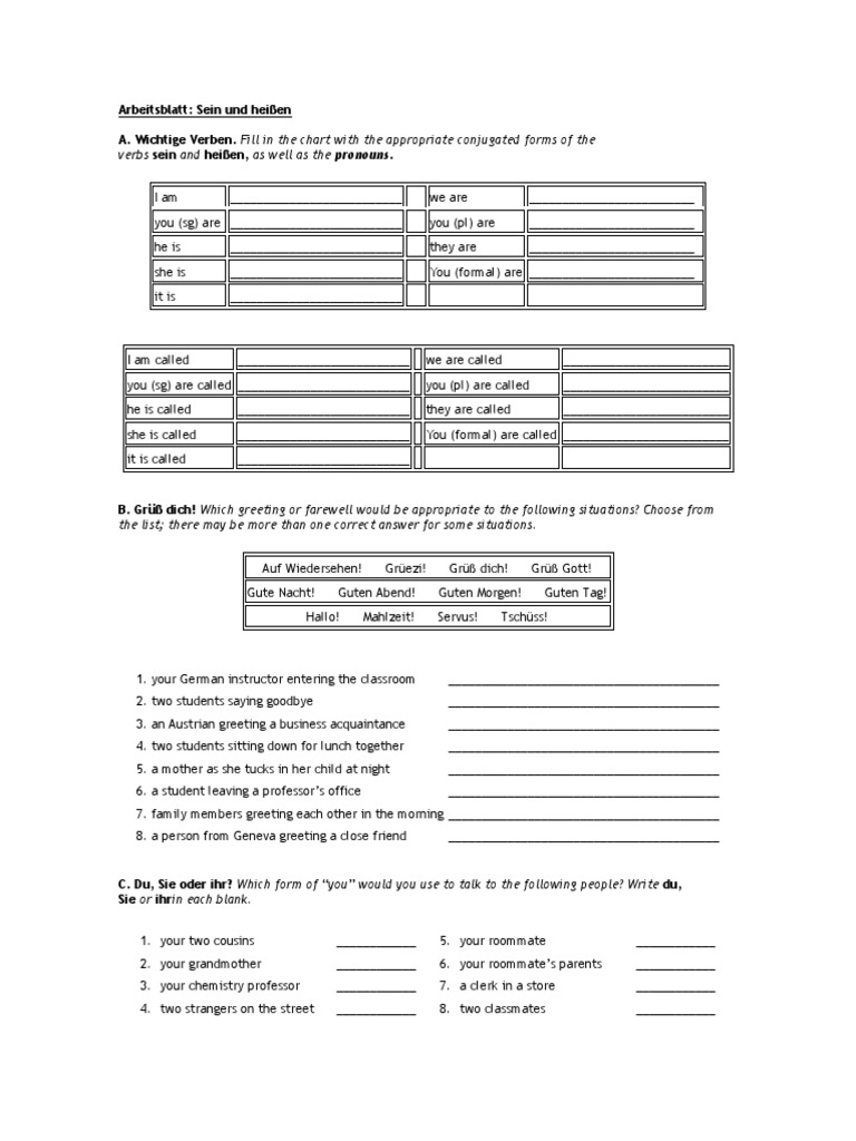 Conjugation of "Sein" and "Heißen" Worksheet | PDF | Linguistic ...
