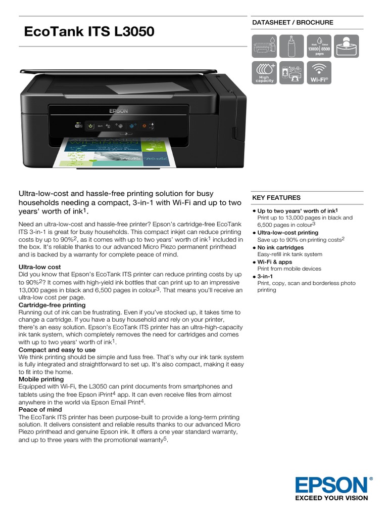 EcoTank ITS L3050 Datasheet | PDF | Printer (Computing) | Media Technology