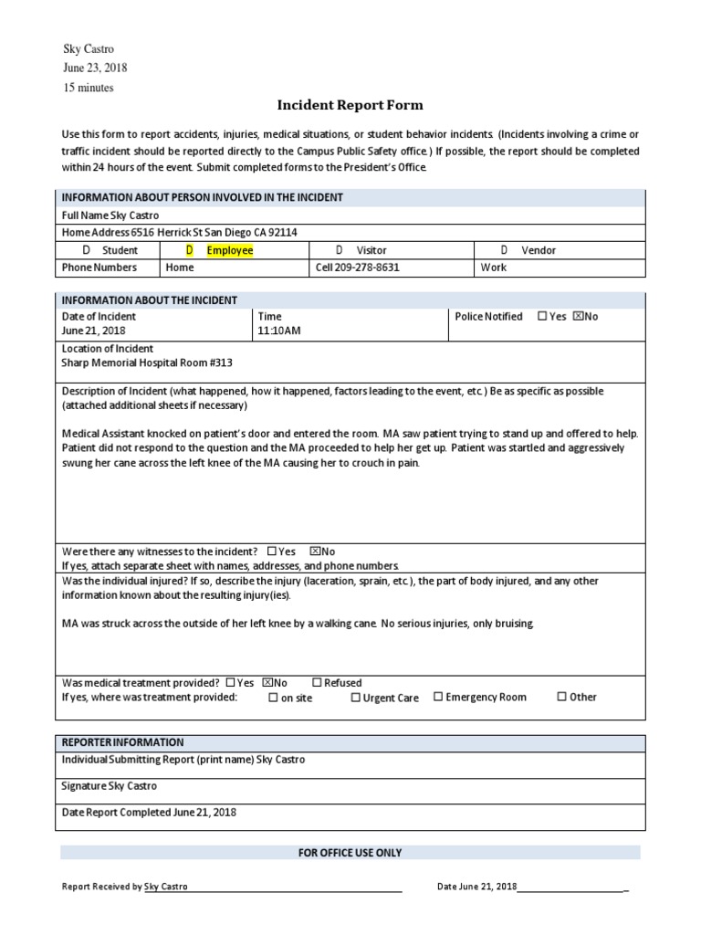 Incident Report Form: Information About Person Involved in The Incident ...
