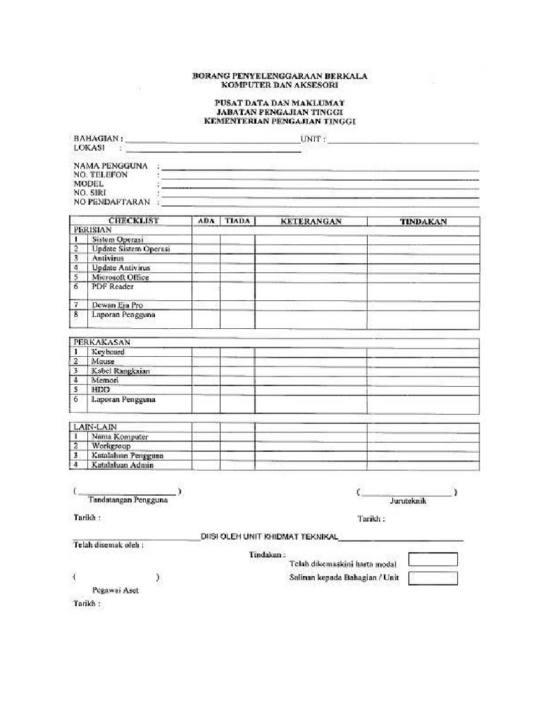 Borang Penyelenggaraan Dan Senarai Semak | PDF