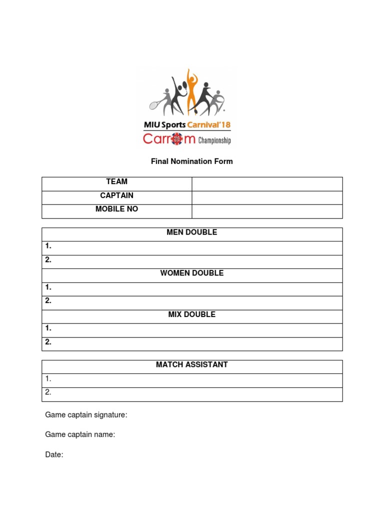 Final Nomination Form Team Captain Mobile No | PDF | Games Of Physical ...