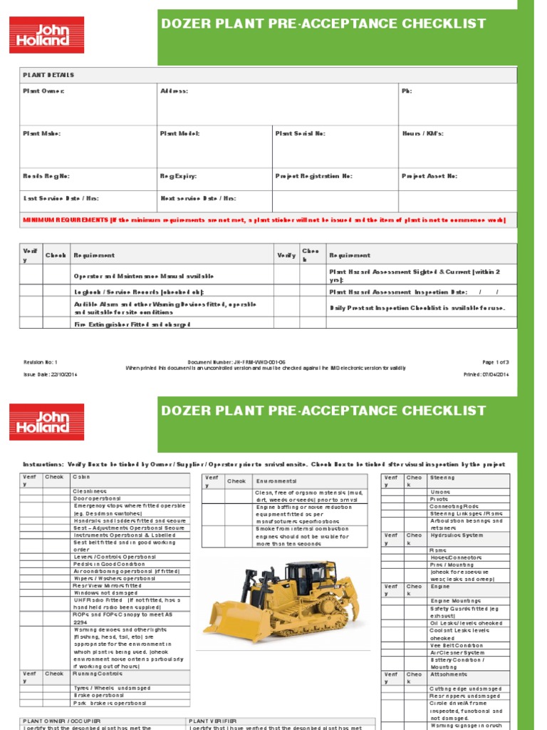JH FRM Pae 001 06 Dozer Plant Pre Acceptance Checklist | PDF ...