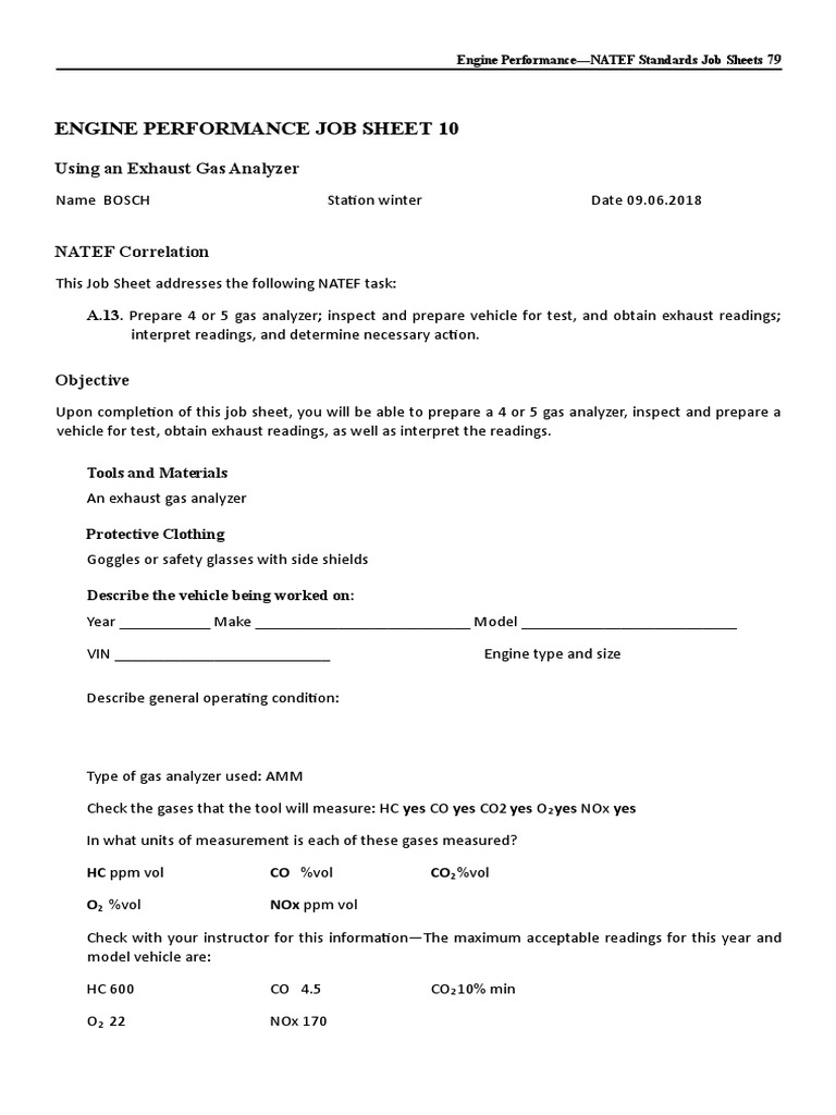 Engine Performance Job Sheet 10: Using An Exhaust Gas Analyzer | PDF ...