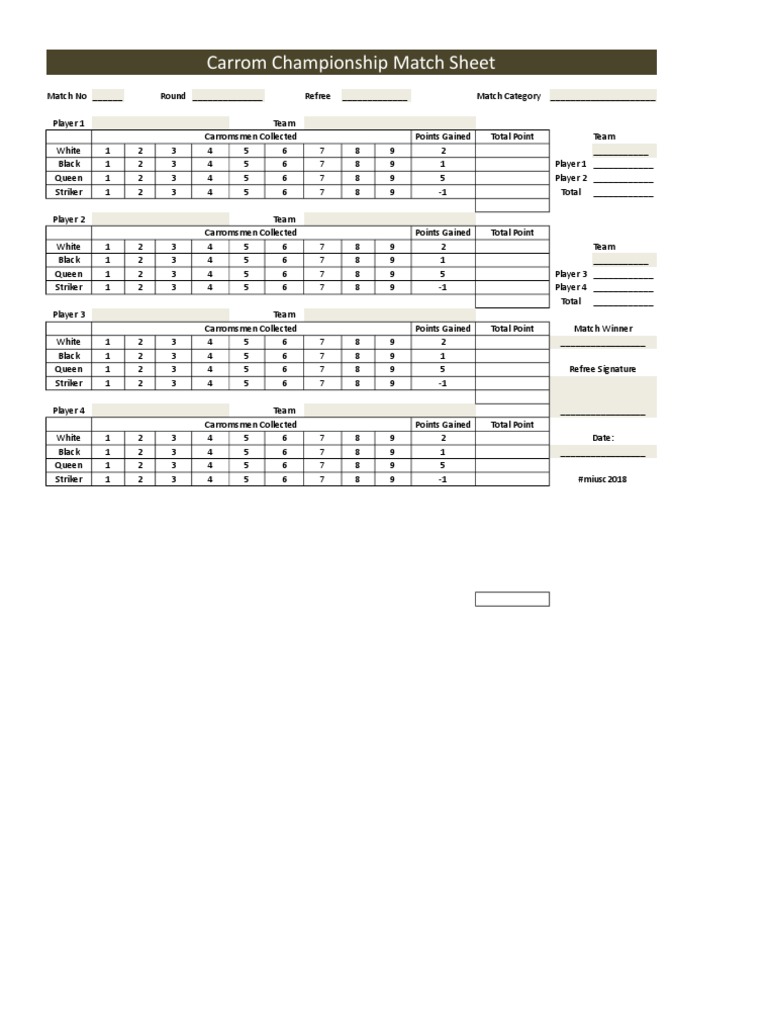 Carrom Championship Match Sheet | PDF | Association Football Seasons ...