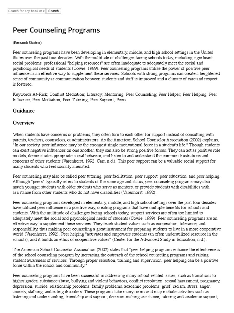 Peer Counseling Programs Research Paper Starter | School Counselor | Tutor