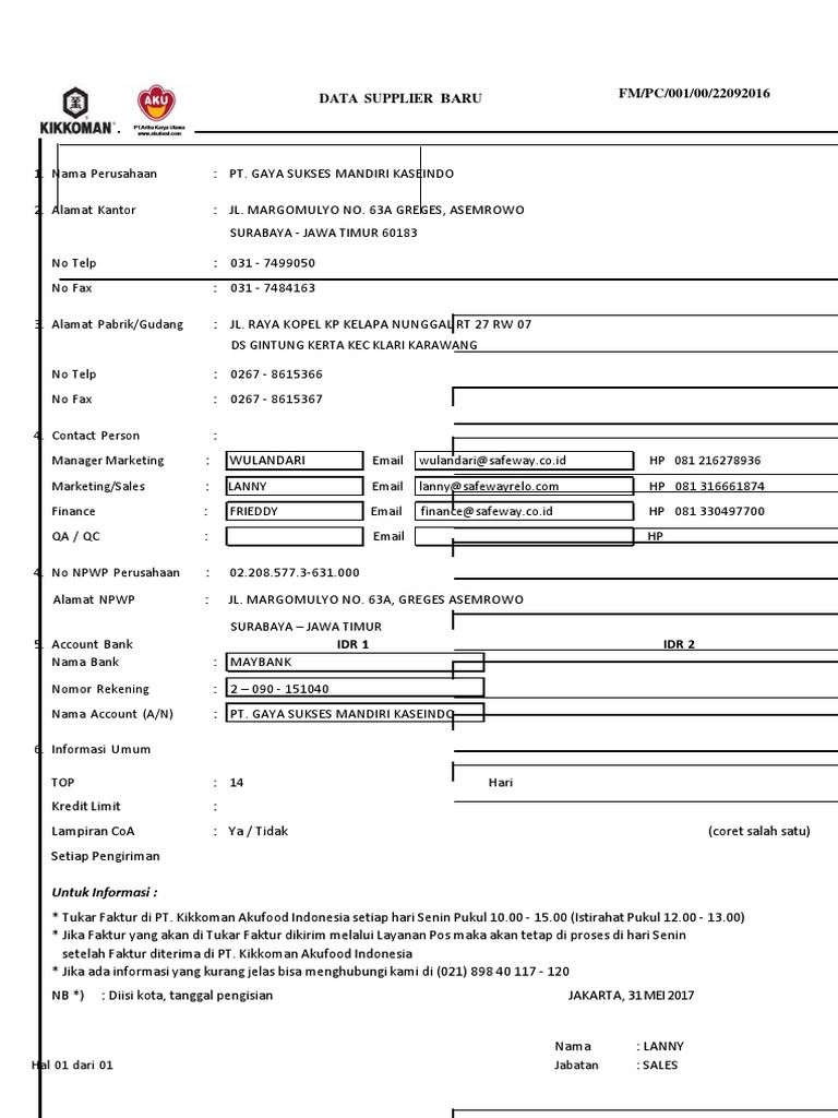 Formulir Data Supplier PT Gaya Sukses Mandiri | PDF