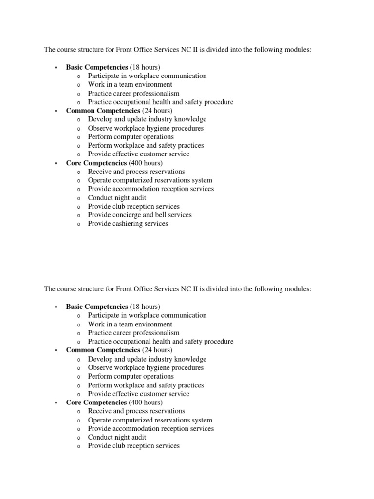 The Course Structure For Front Office Services NC II Is Divided Into ...