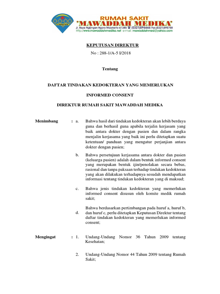 SK Daftar Tindakan Kedokteran Yang Memerlukan Informed Consent | PDF