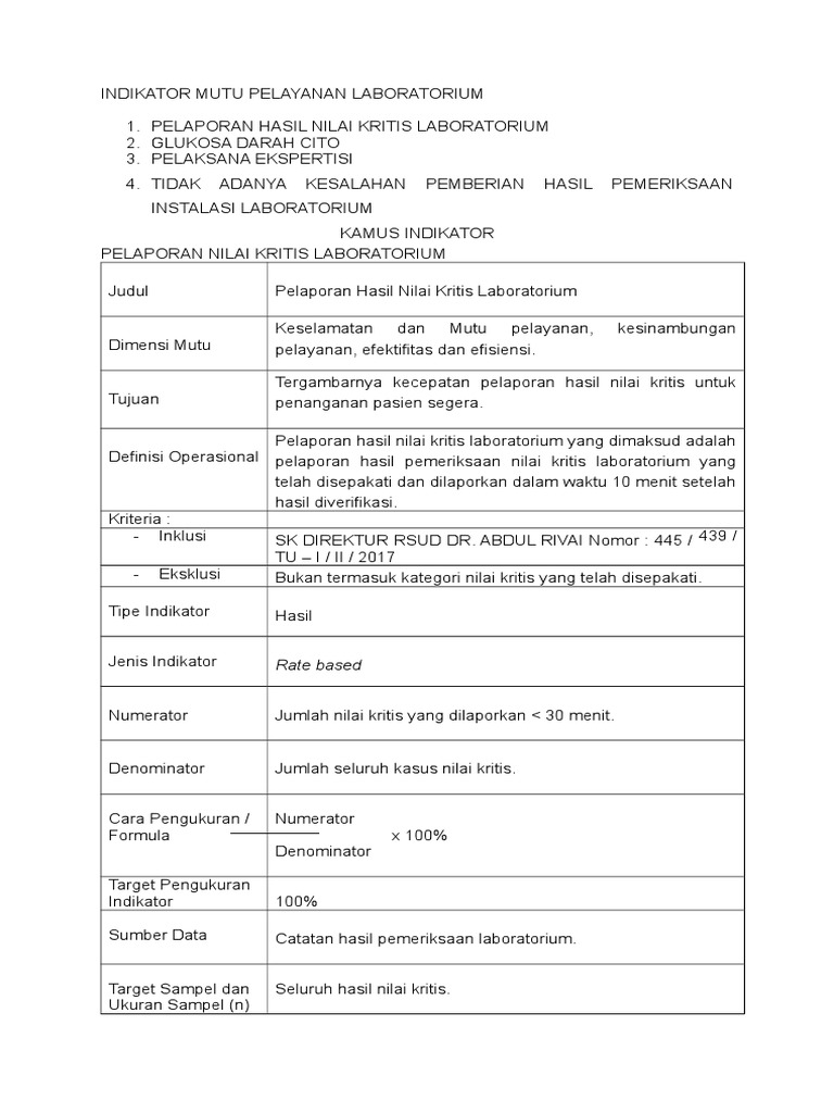 Indikator Mutu Pelayanan Laboratorium | PDF