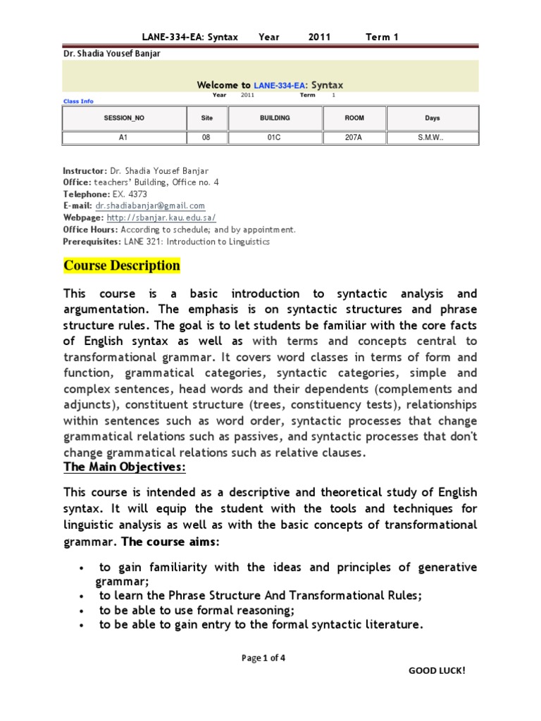 Welcome To LANE 334 - Syntax-2011 | PDF | Phrase | Syntax