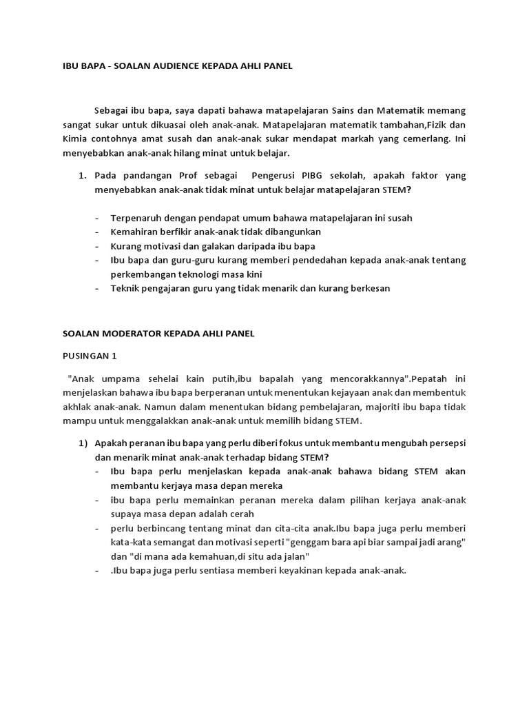 Soalan Forum Bicara Rakyat - IBU BAPA | PDF