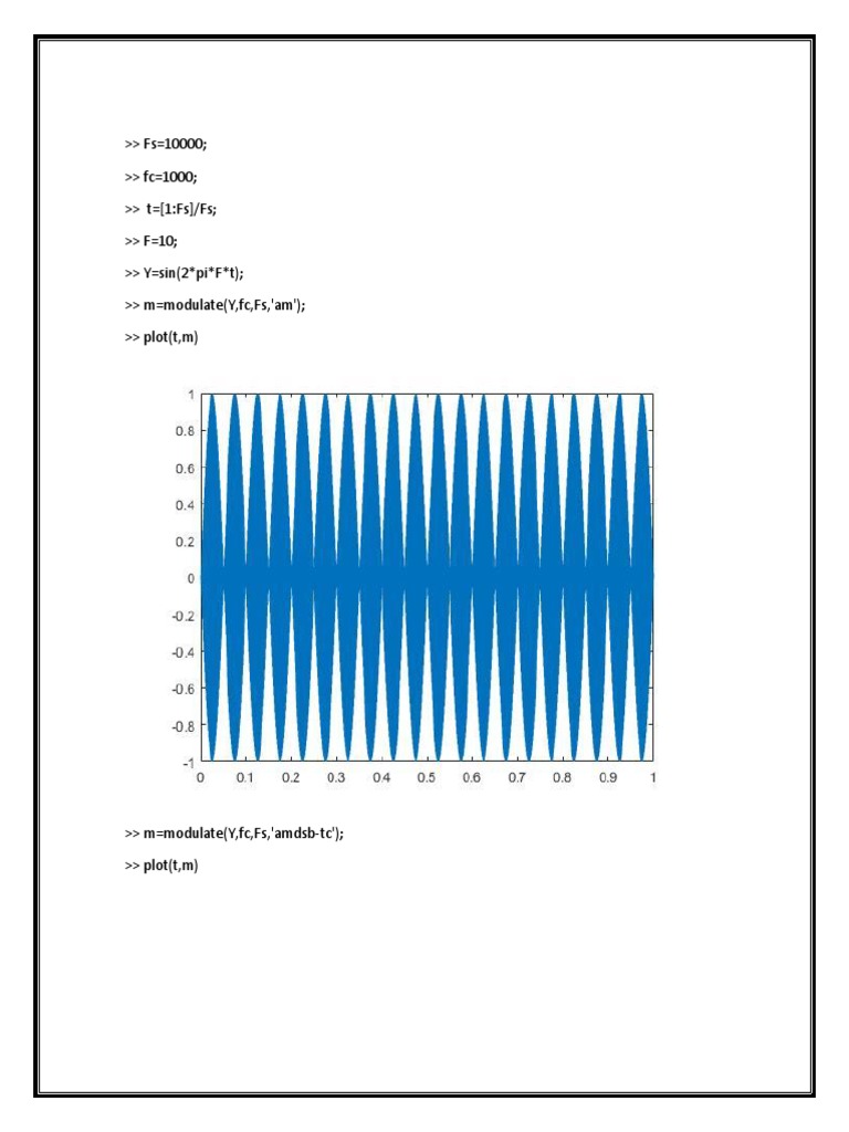 Fs 10000 FC 1000 T (1:Fs) /fs F 10 Y Sin (2 Pi F T) M Modulate (Y, FC ...