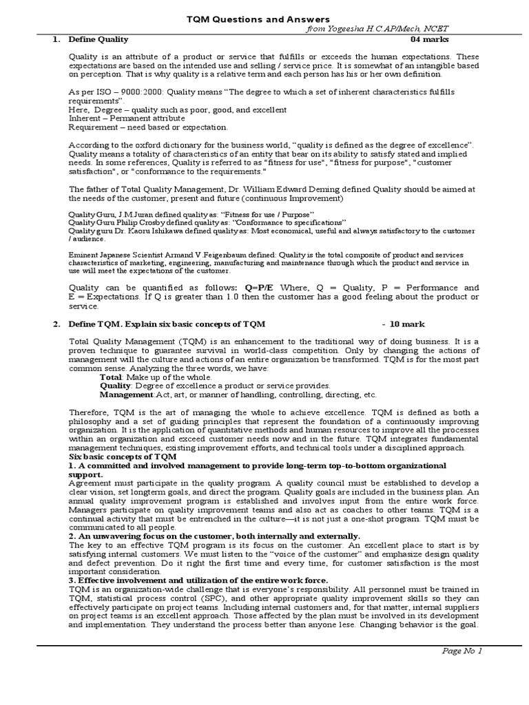 TQM Questions and Answers Unit-1 | PDF | Quality Management | Quality (Business)
