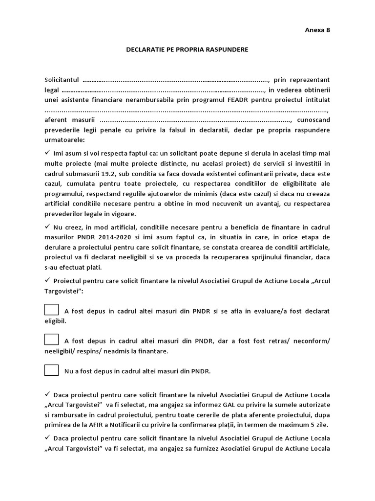 Anexa 8 - Declaratie Pe Propria Raspundere | PDF
