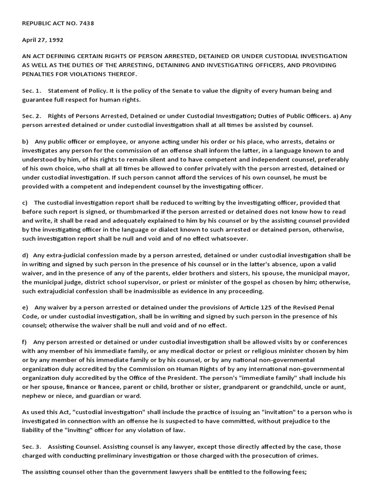 Ra 7438 | PDF | Right To Silence | Detention (Imprisonment)