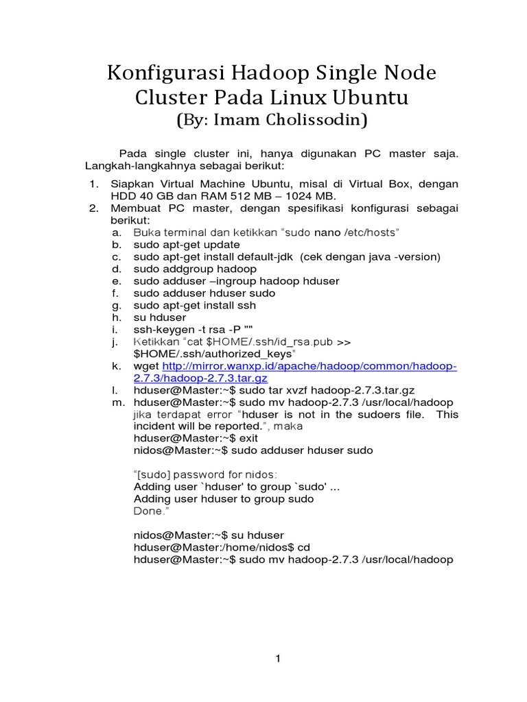 Konfigurasi Hadoop Single Node Cluster Pada Linux V1.04 | PDF