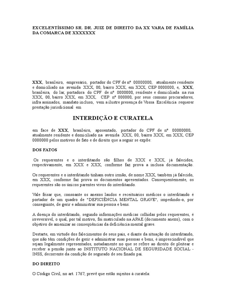 Prática Jurídica II - Modelo de Curatela Interdição | Pensão ...