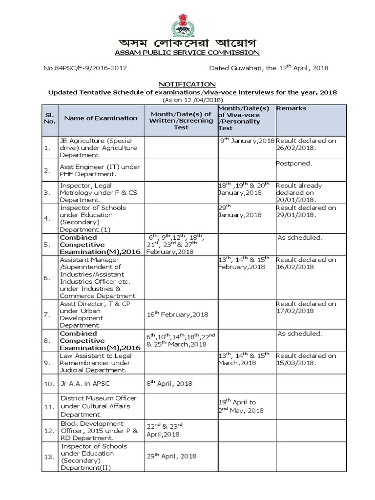 Assam PSC 2018 Exam Schedule Update | PDF | Business
