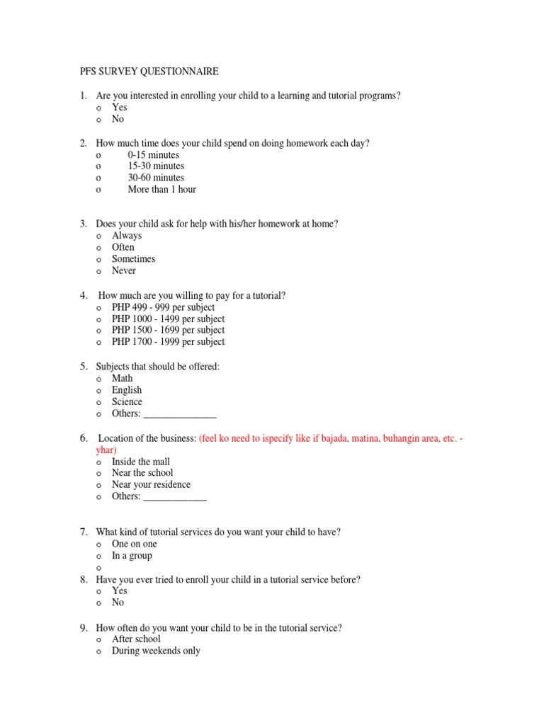 Pfs Survey Questionnaire | PDF | Behavior Modification | Learning