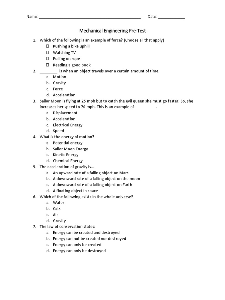 Preposttest Version2 | PDF | Force | Mass