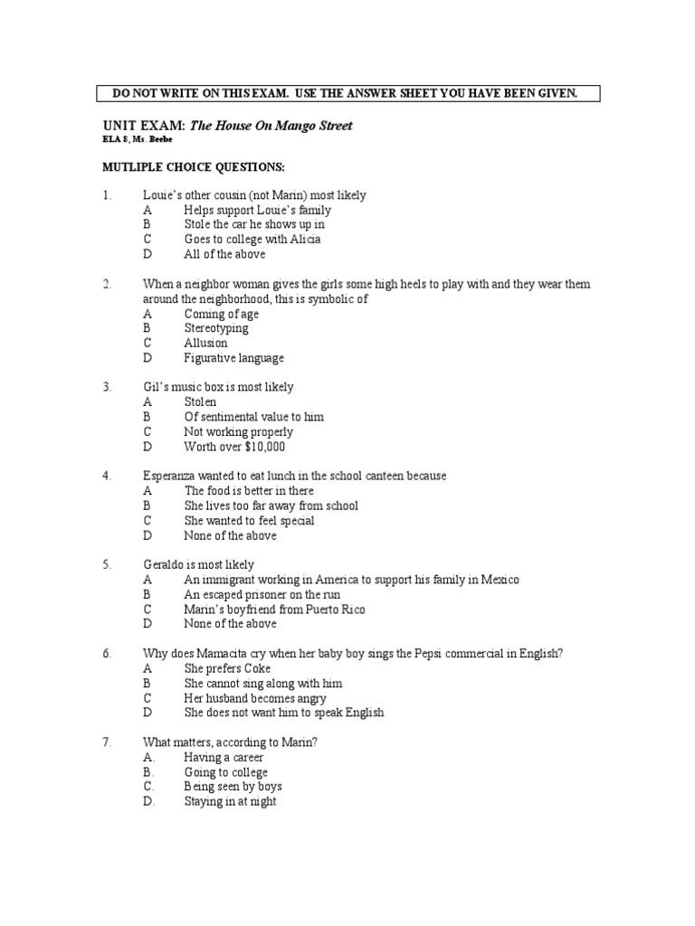 Unit Exam-House On Mango Street | PDF
