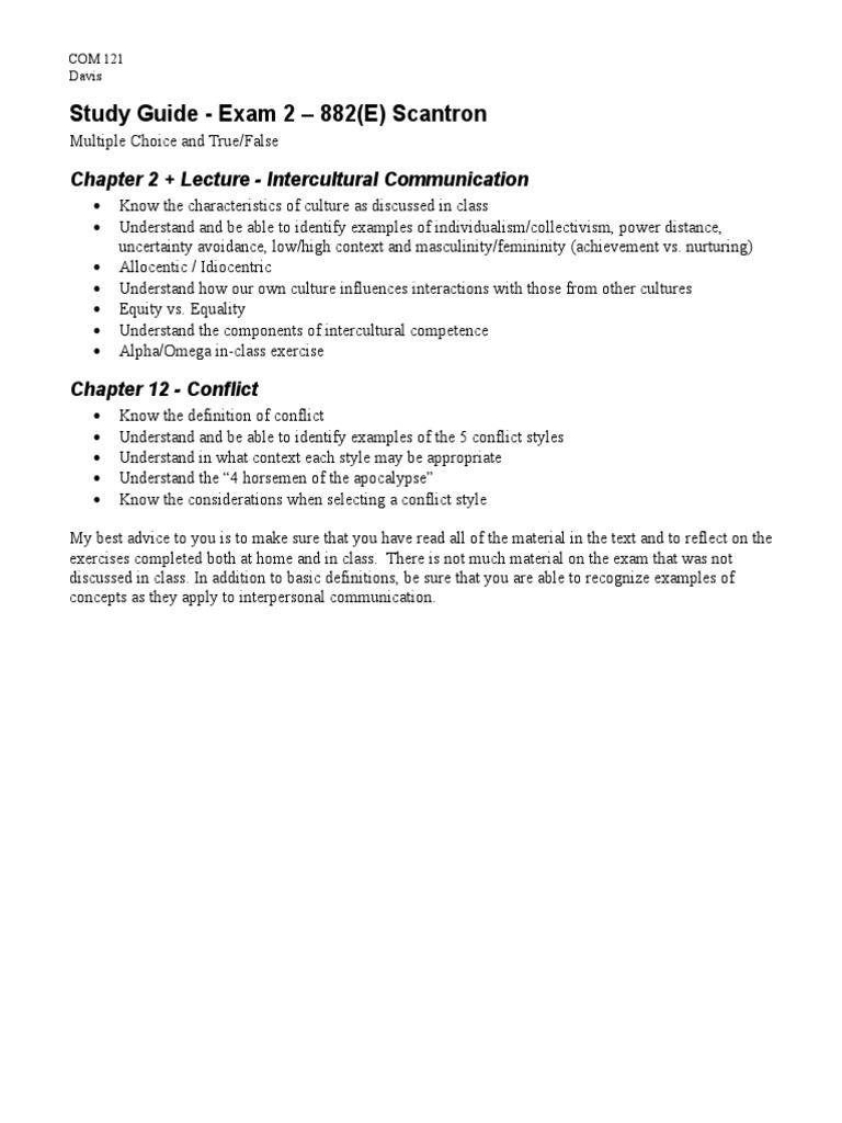 Study Guide - Exam 2 - 882 (E) Scantron: Chapter 2 + Lecture ...