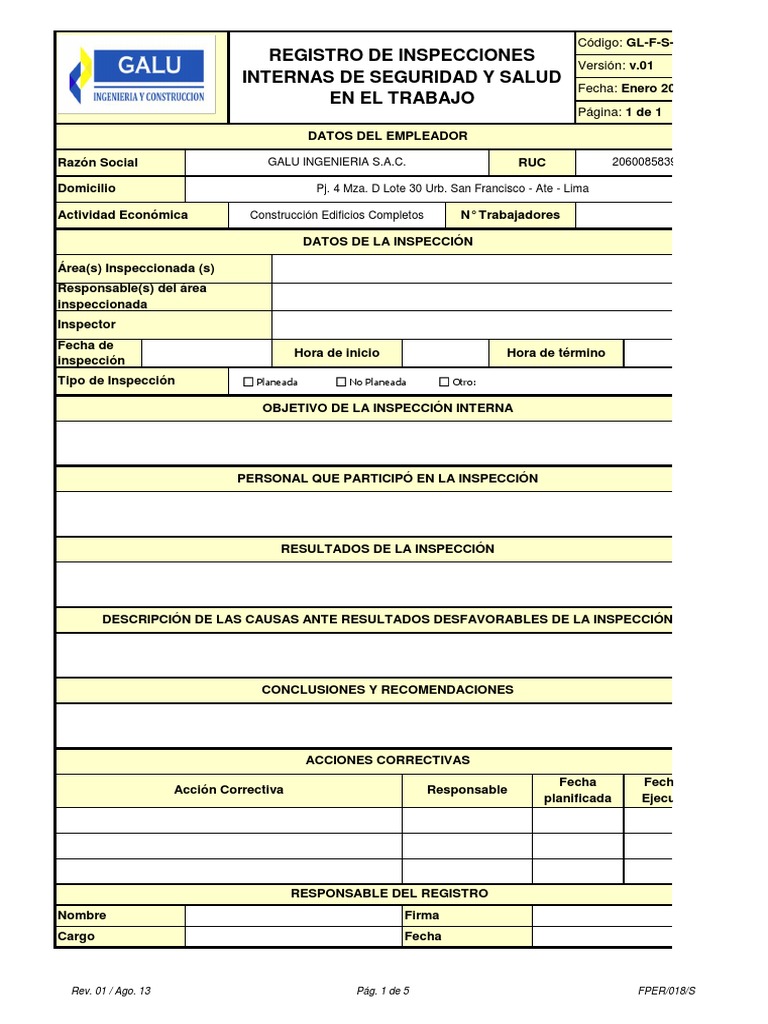 Gl F S 002 Registro De Inspecciones Internas De Seguridad Y Salud En El