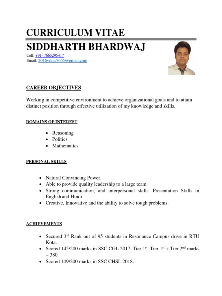 Siddharth Bhardwaj: Curriculum Vitae | PDF
