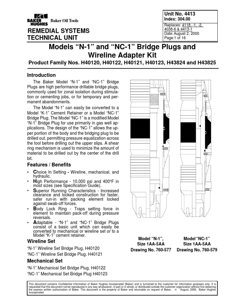 Baker N-1 & NC-1 Bridge Plugs Overview | PDF | Screw | Nut (Hardware)
